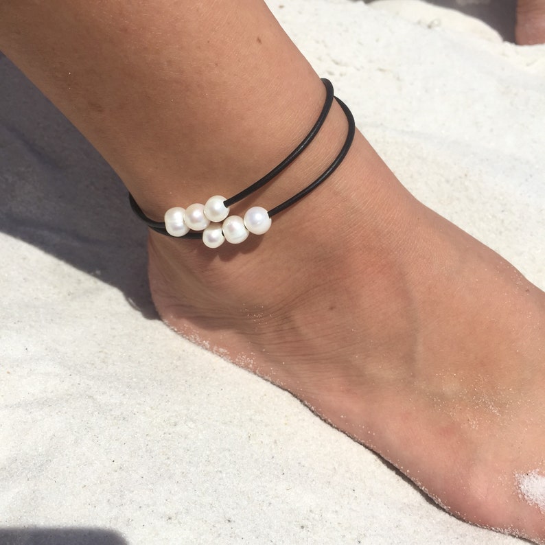 Double Layered Pearl Anklet for Women Three Pearl Leather | Etsy