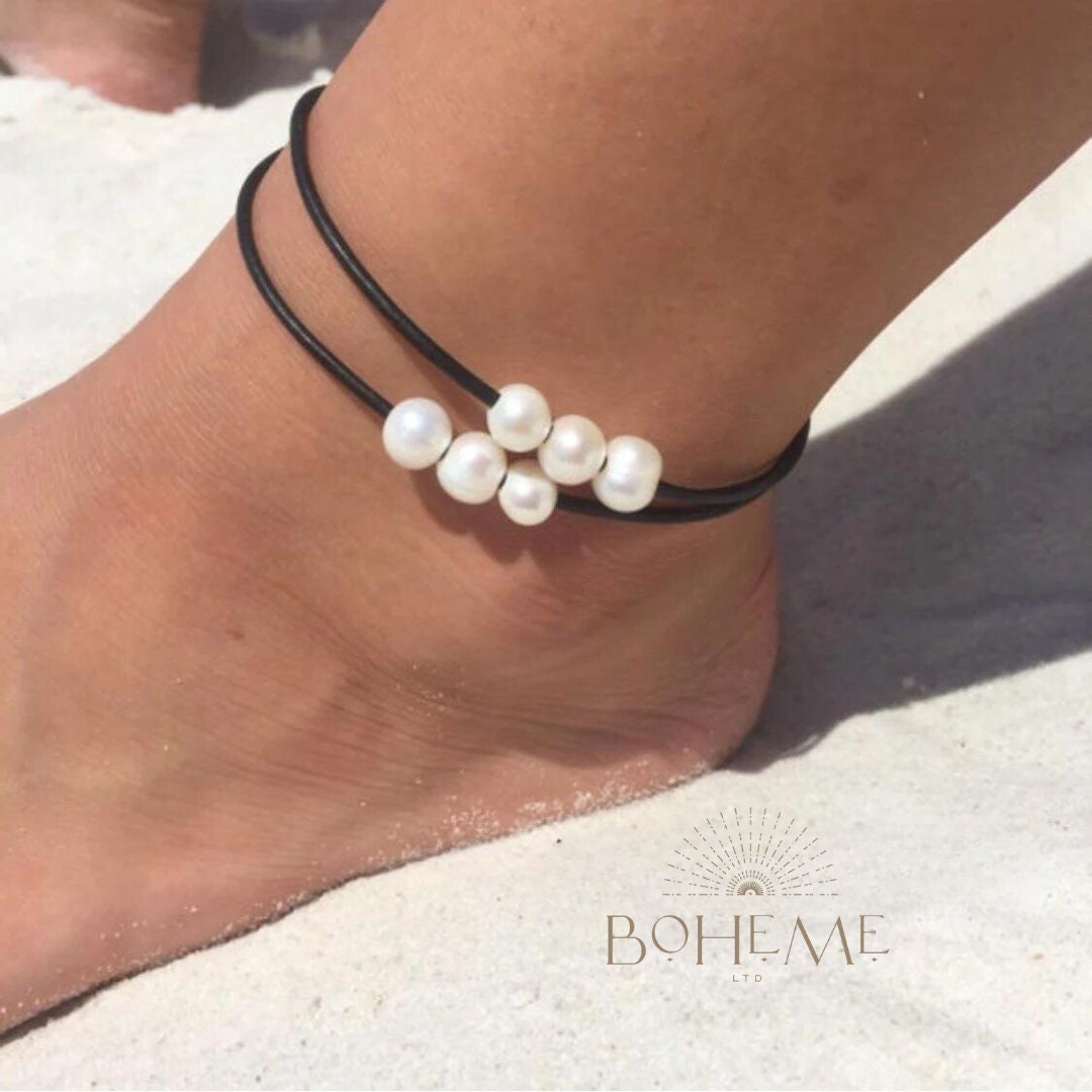 Double Layered Pearl Anklet for Women, Three Pearl Leather Ankle ...