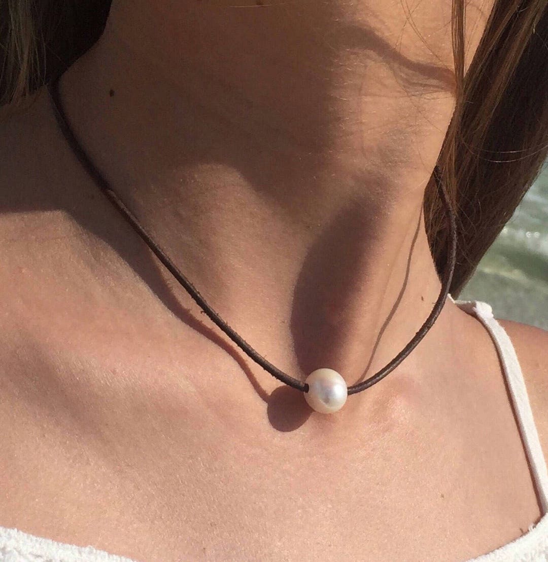 Summer Jewelry, Single Sliding Pearl on Leather Necklace for Women ...