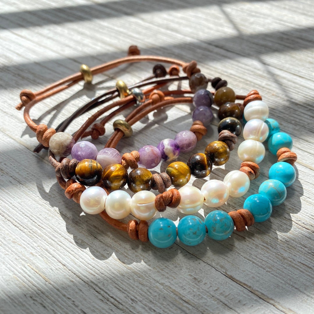 Boho Friendship Bead Bracelet, Adjustable Leather Bracelet for Men or ...