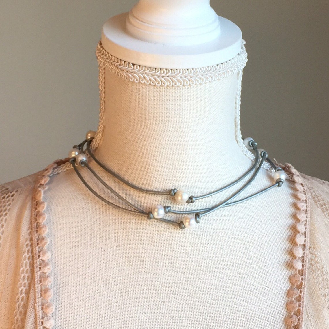 Long Leather Necklace for Women Multi Pearl and Leather Cord - Etsy
