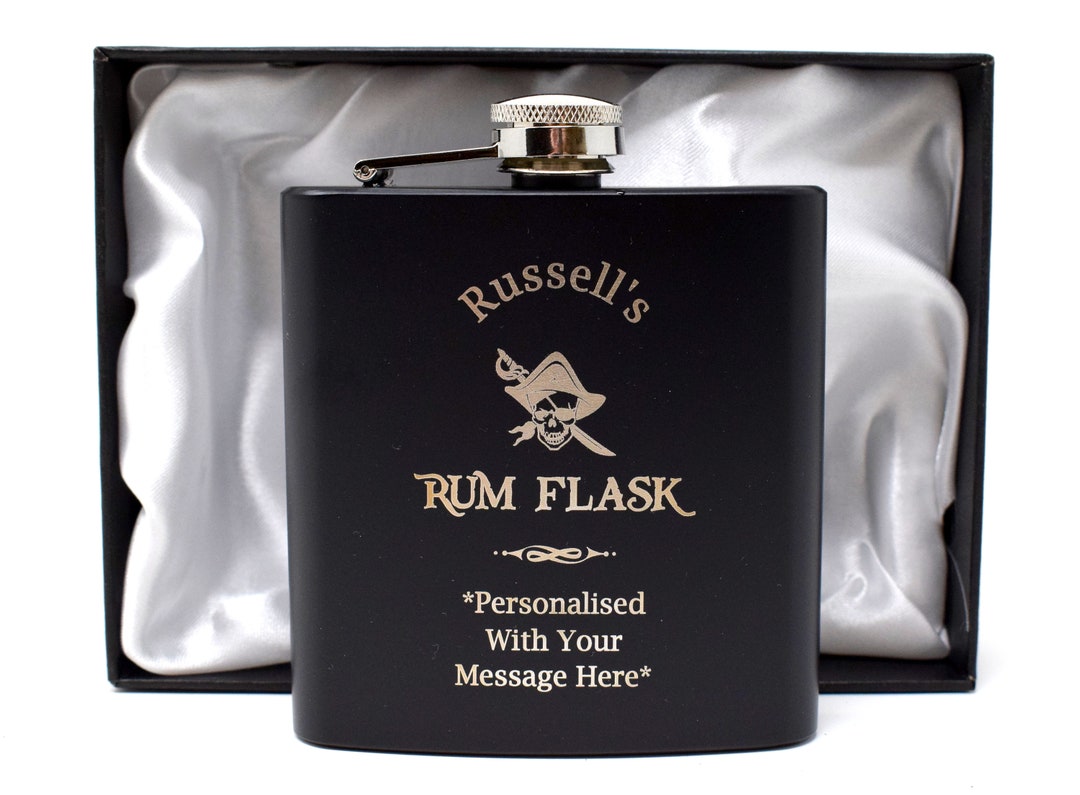 Engraved/personalised NEW RUM 6oz BLACK Hip Flask in Silk Box Gift for ...