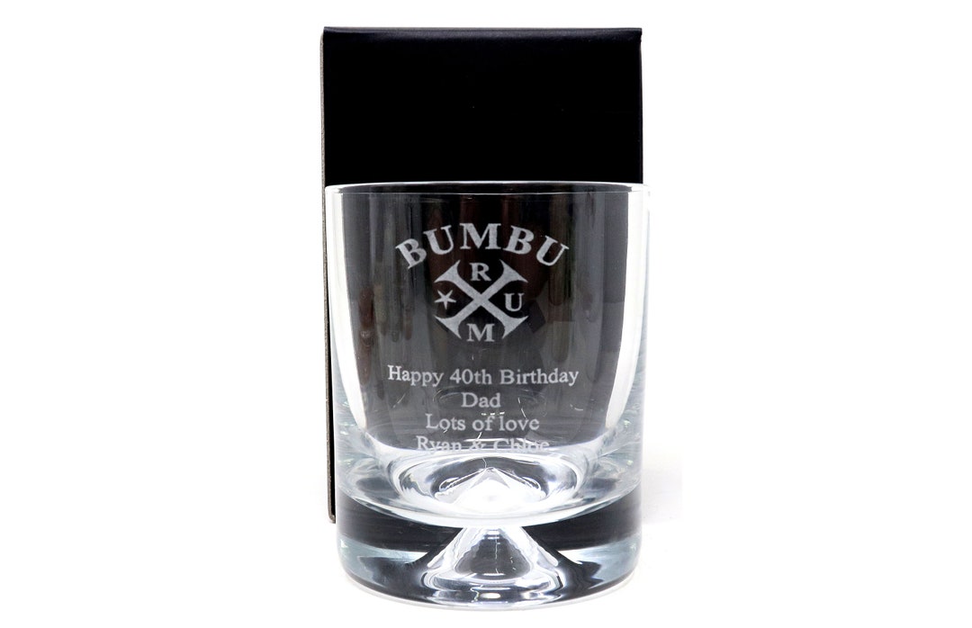Engraved/personalised bumbu Rum Design Dimple Glass Tumbler Gift Boxed ...