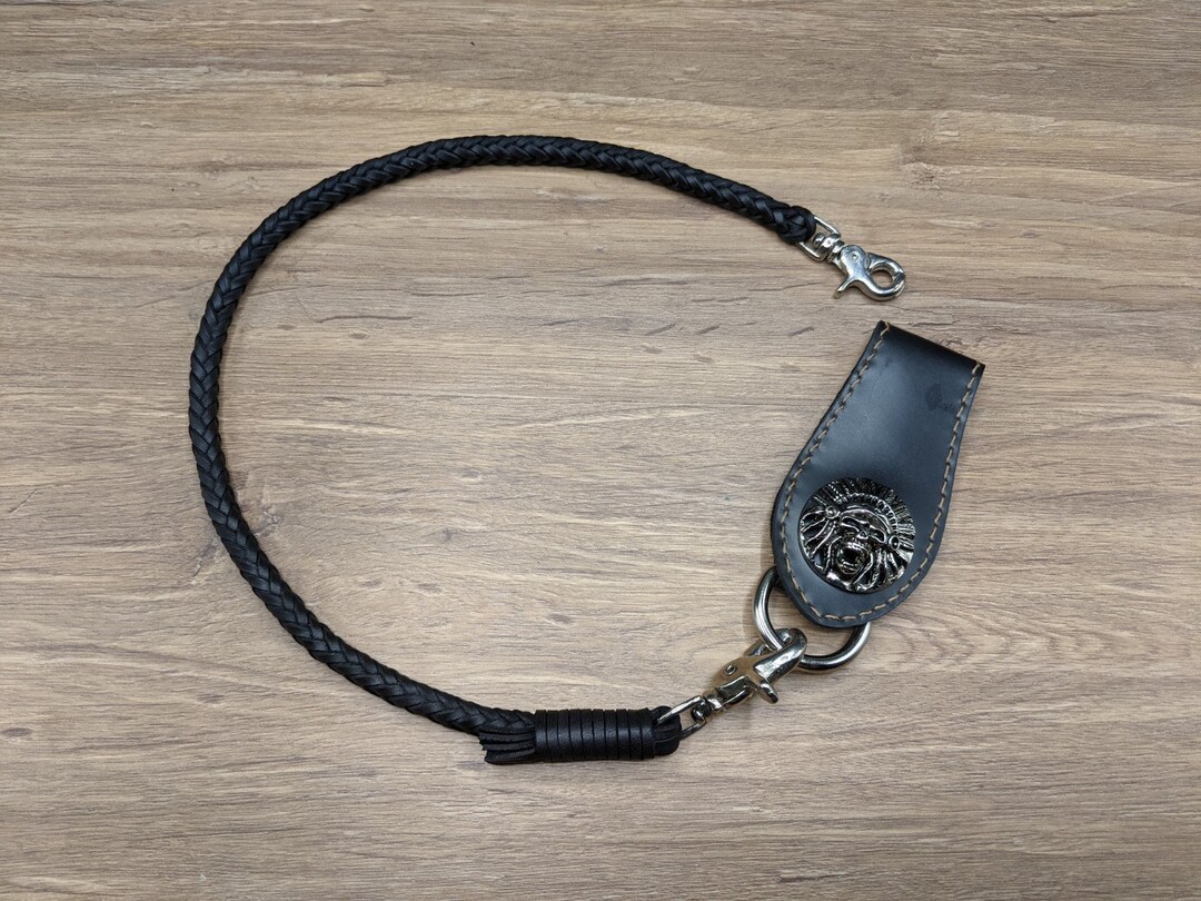 Skull Set Belt Loop Braided Chain Wallet Black Vintage Genuine Leather ...