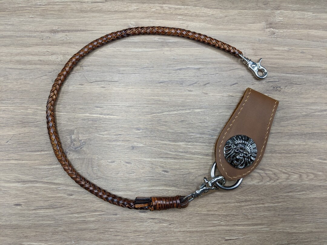 Skull Set Belt Loop Braided Chain Wallet Black Vintage Genuine Leather ...