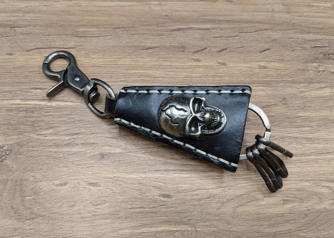 Skull Leather Keychain Key Fob Key Ring Leather Key Chain Mens Keychain ...