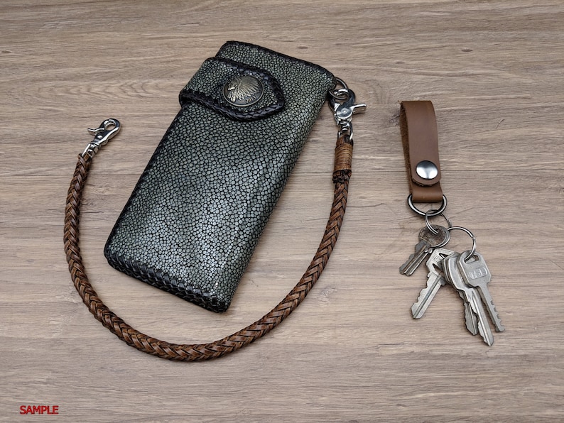 Set Belt Loop Braided Chain Wallet Tan Vintage Genuine Cowhide Leather ...