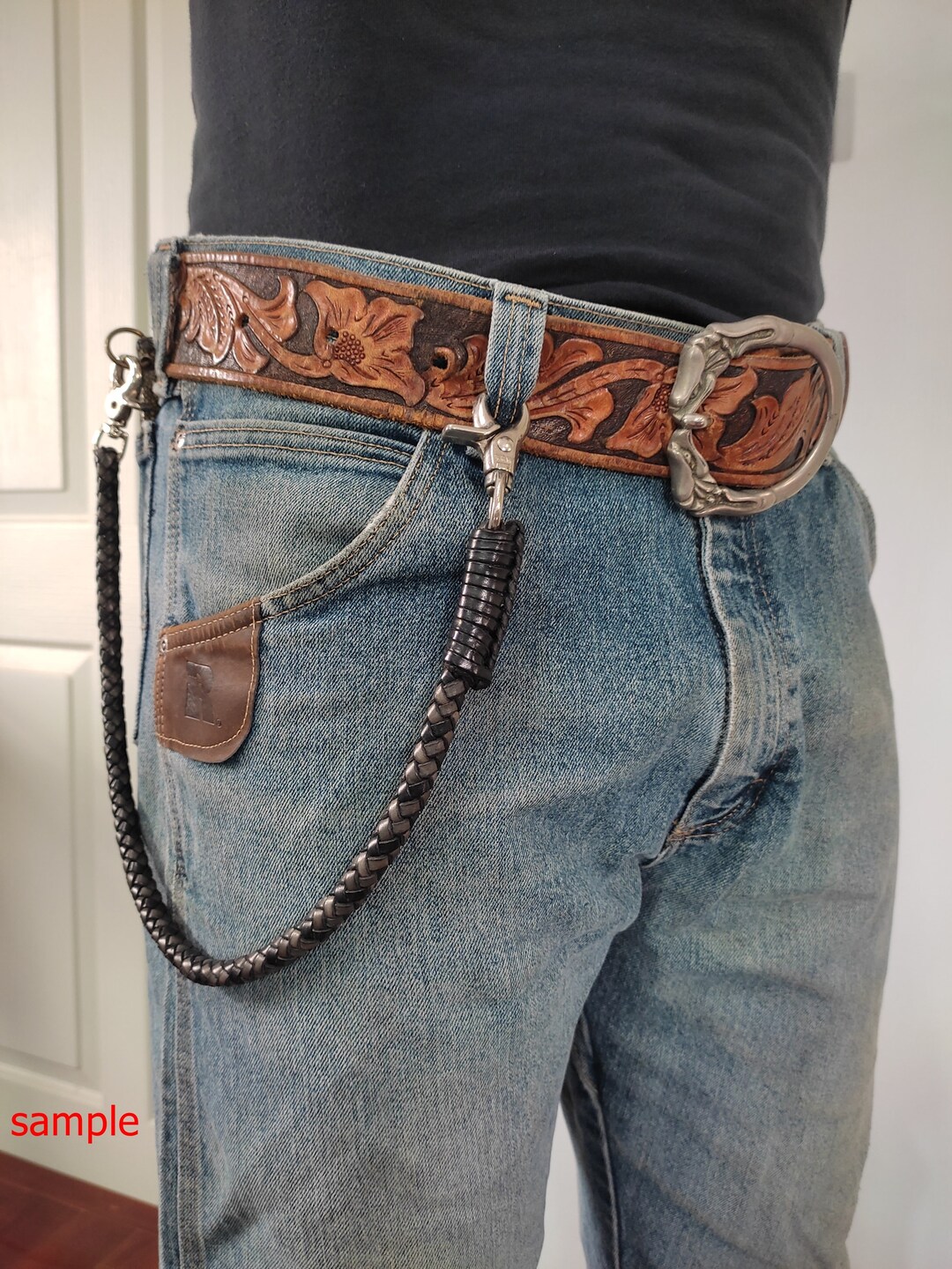 Belt Loop Two Tone Braided Vintage Genuine Cowhide Leather Wallet Chain ...