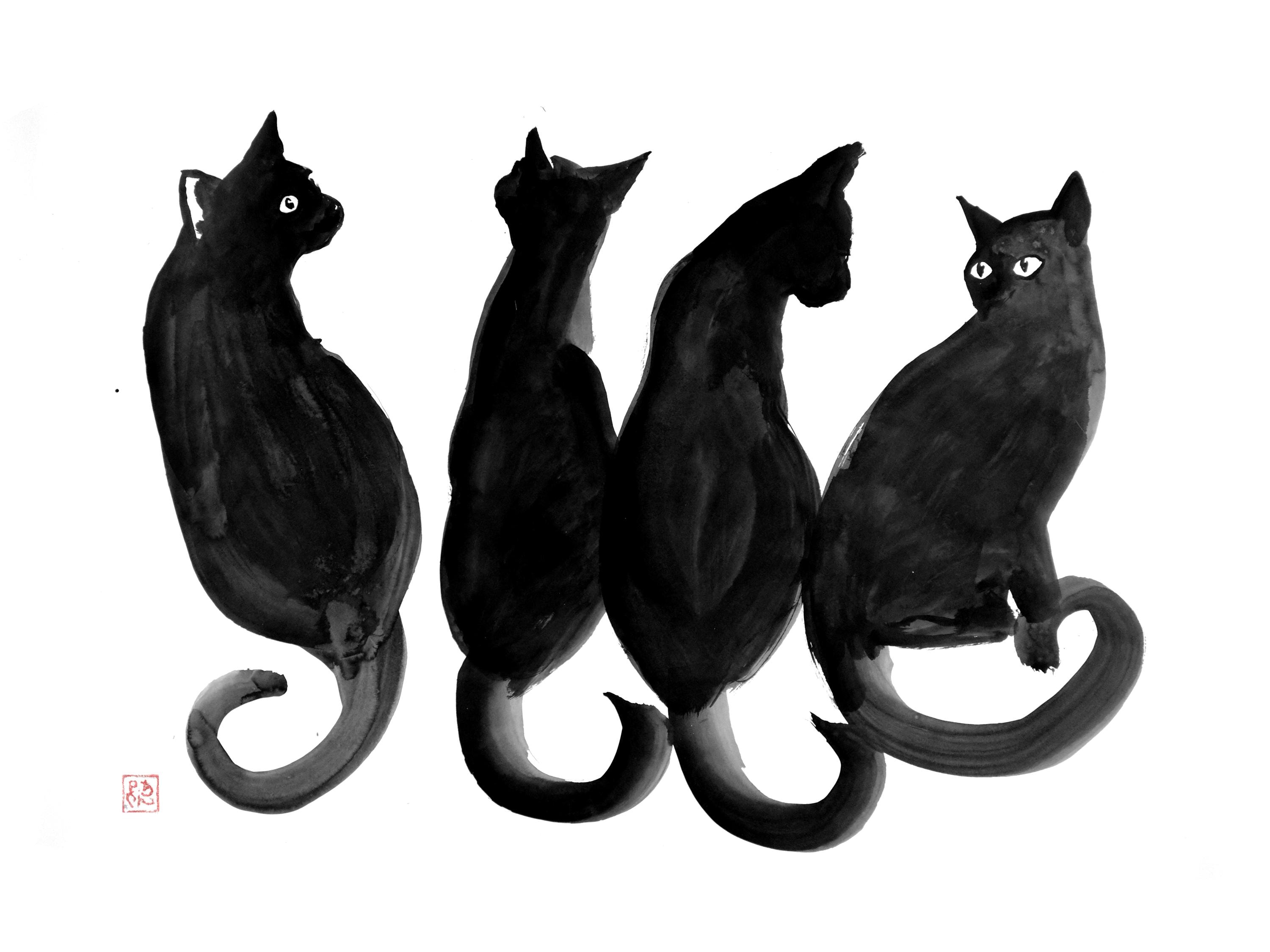 4 Black Cats | Original Sumi-e Painting – Japanese Ink Art by Pechane ...