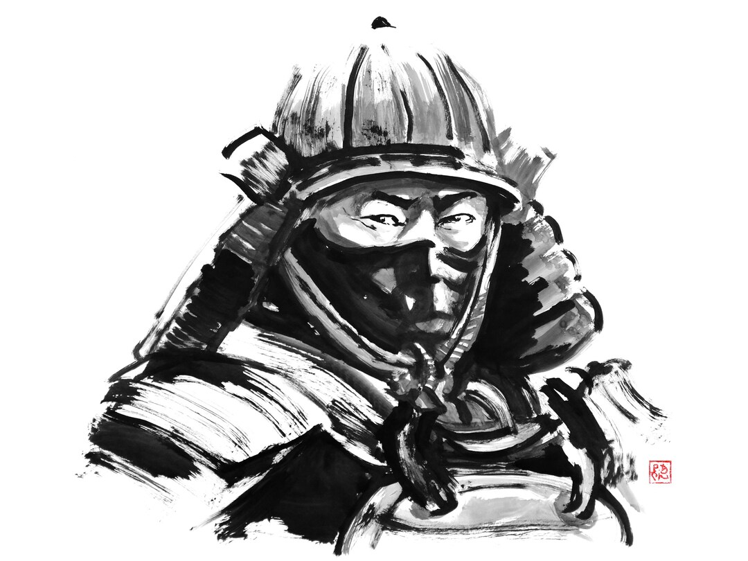 Samurai Face | Original Sumi-e Painting – Japanese Ink Art by Pechane ...