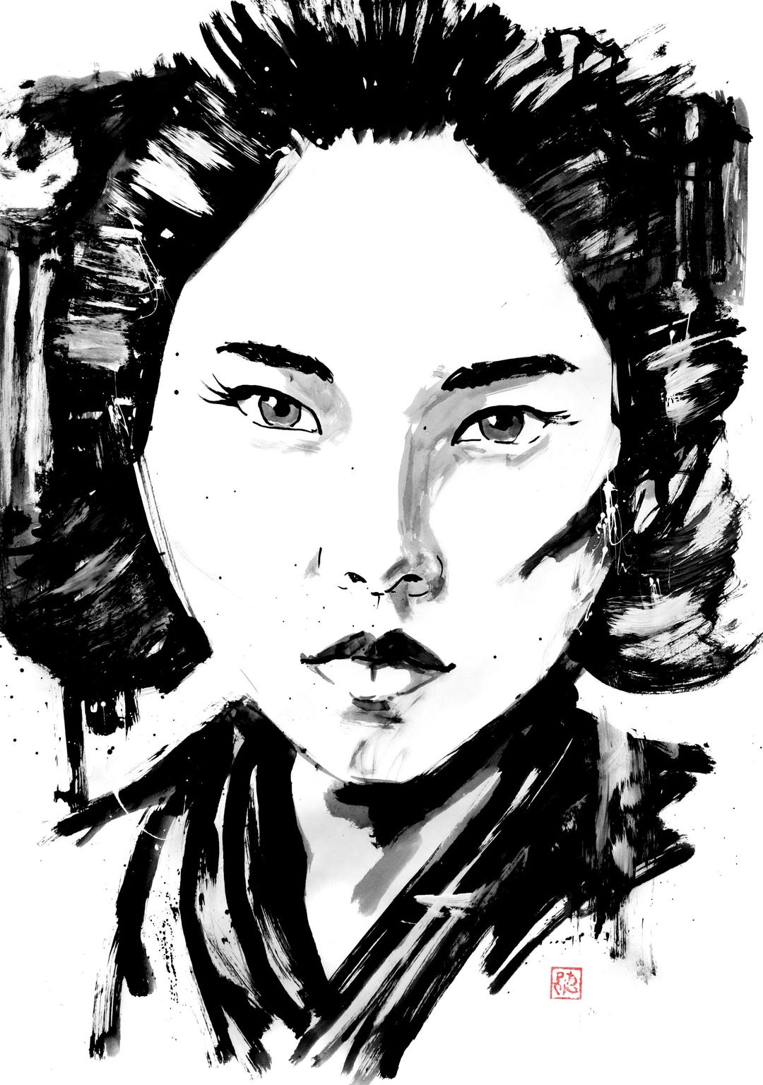 Face Original Sumi-e Painting Japanese Ink Art by Pechane Zen Wall ...