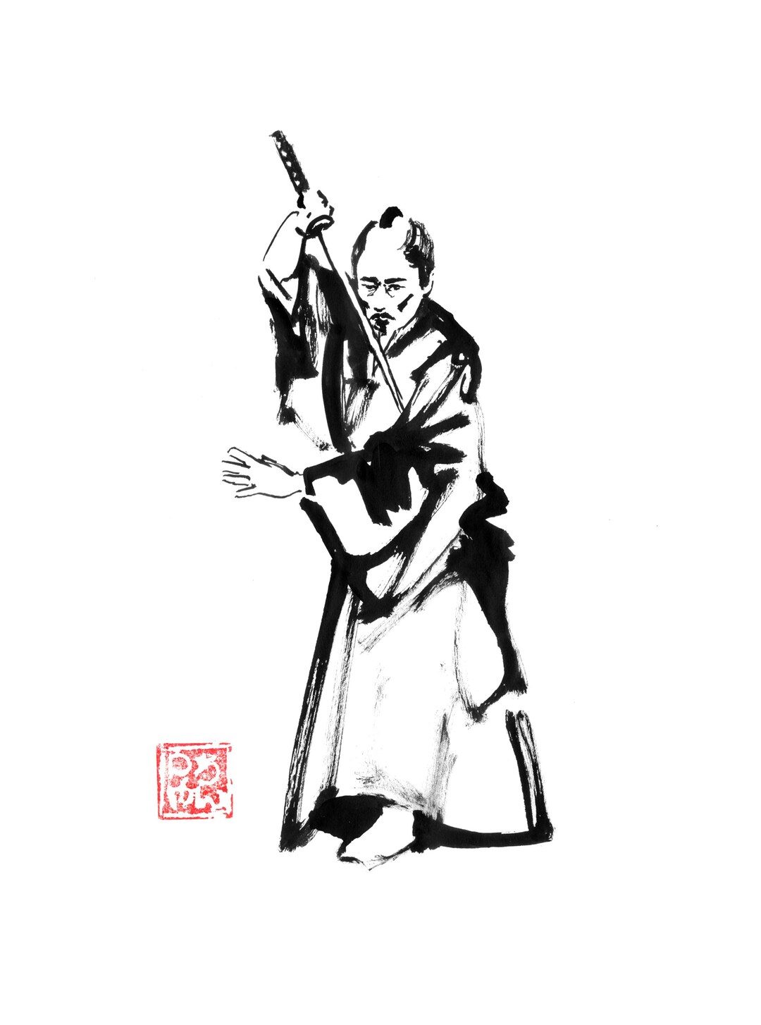 Samurai Pose | Original Sumi-e Painting – Japanese Ink Art by Pechane ...