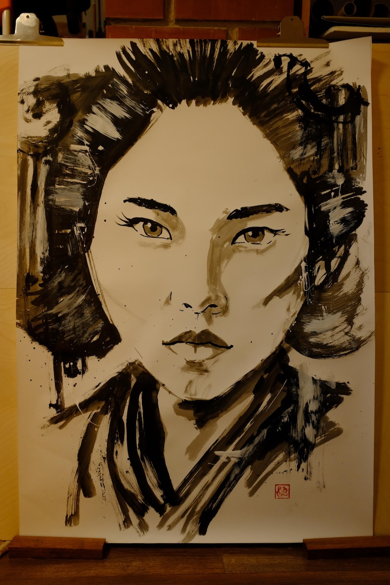 Face Original Sumi-e Painting Japanese Ink Art by Pechane Zen Wall ...
