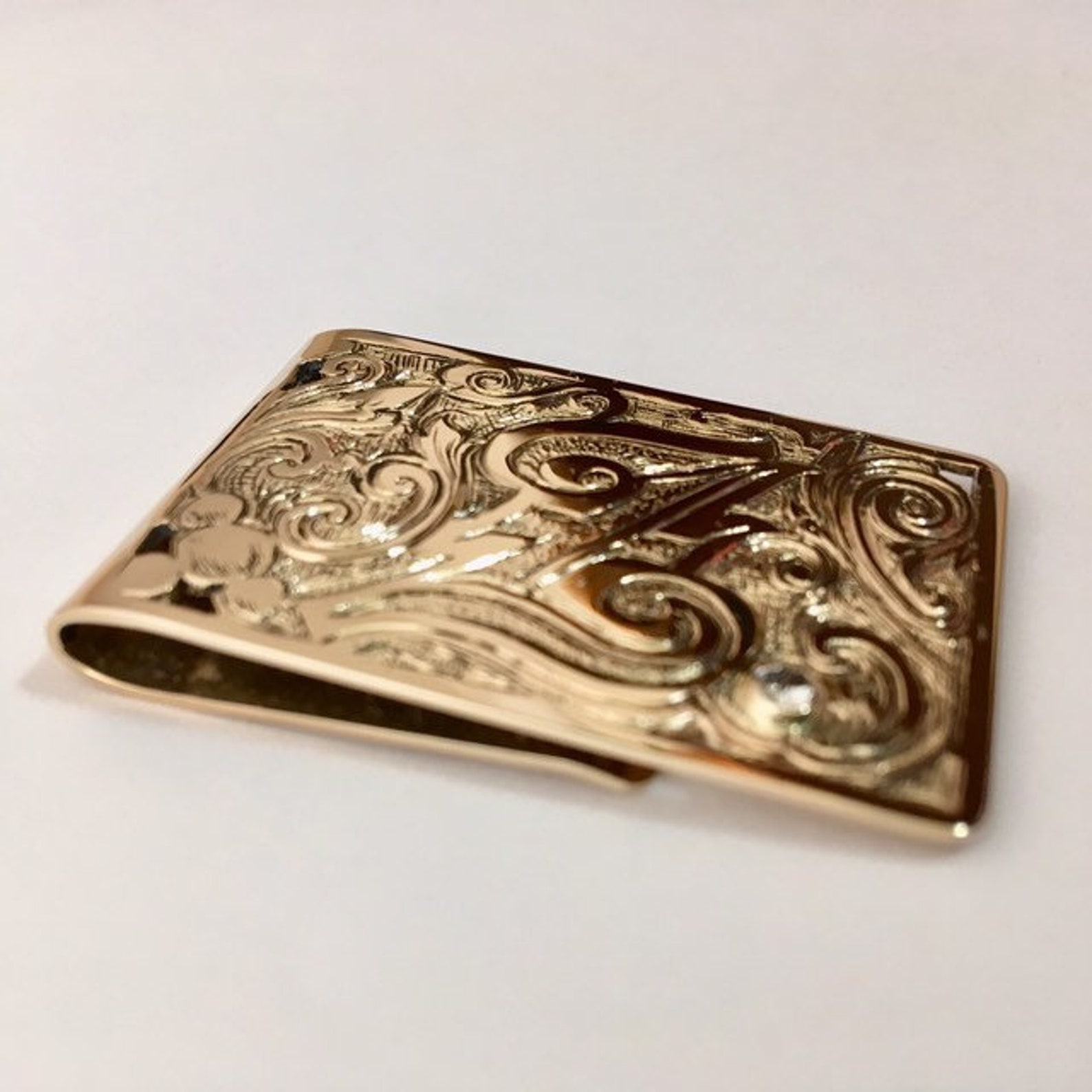 Gold Money Clip, Diamond Accent, Hand-engraved Initial Monogram 14K ...