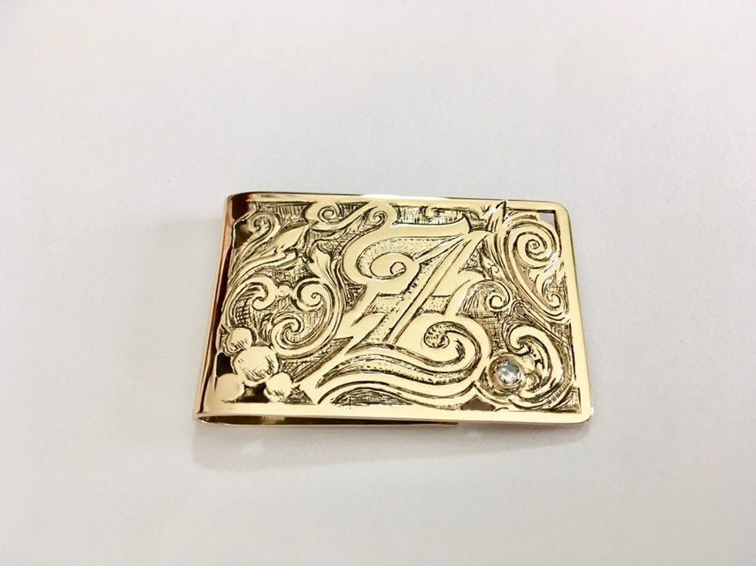 Gold Money Clip, Diamond Accent, Hand-engraved Initial Monogram 14K ...