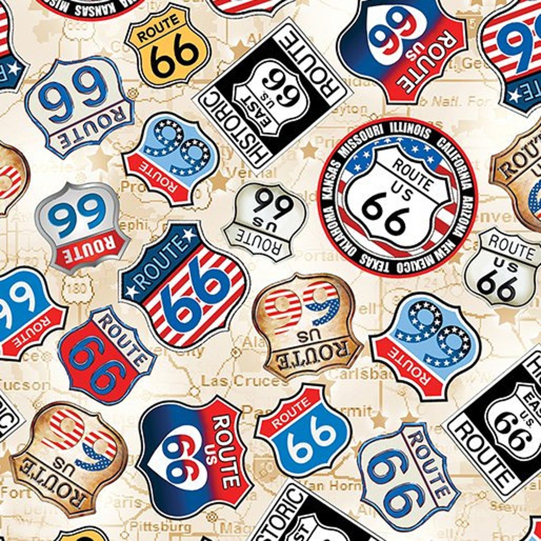 Route 66 Road Signs on Cream Fabric, America's Highway Collection From ...