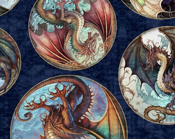 Dragon Fyre Dragon Round Picture Patches on Navy Fabric by the Yard by ...