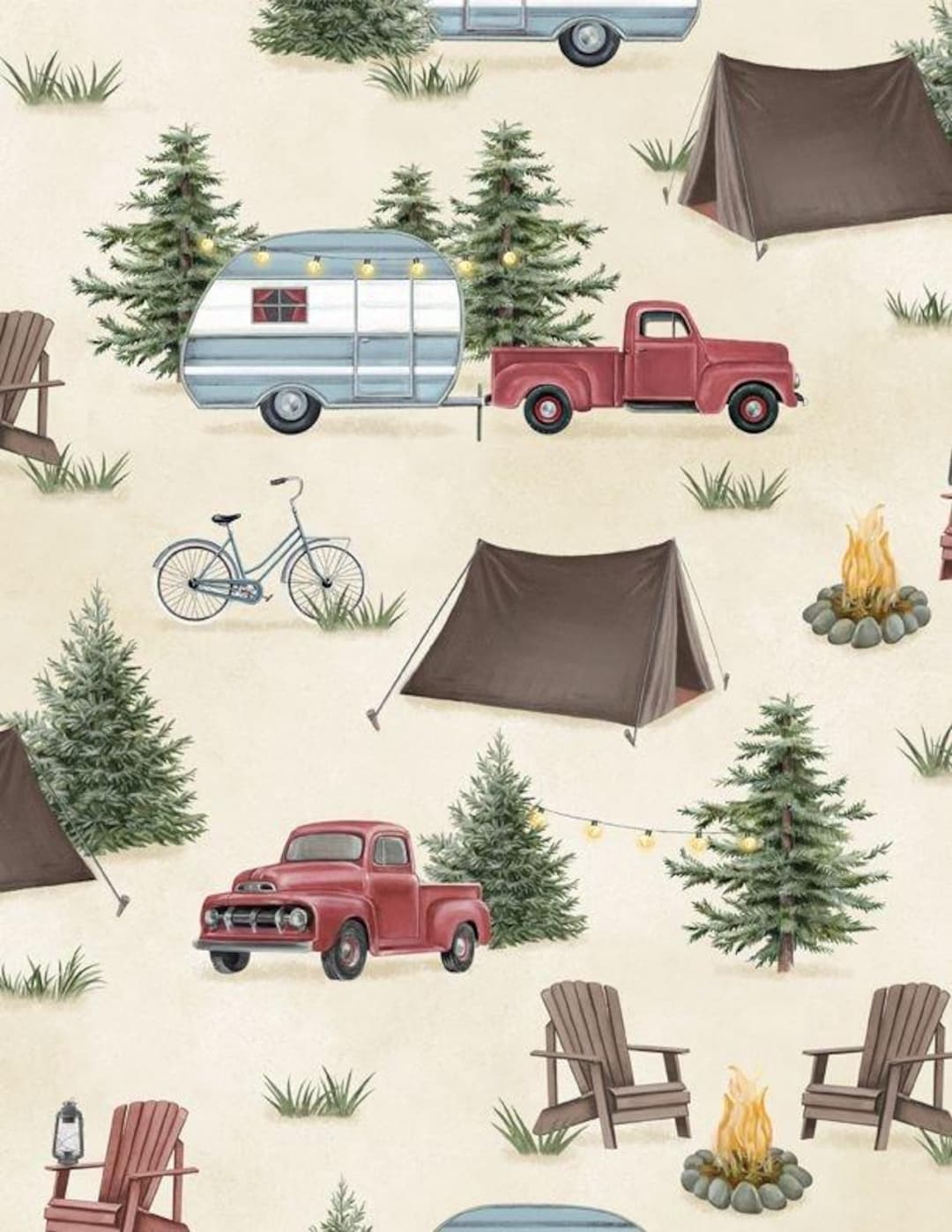 Camping Fabric, Evergreen Escape Camping Motifs on Cream Fabric by ...