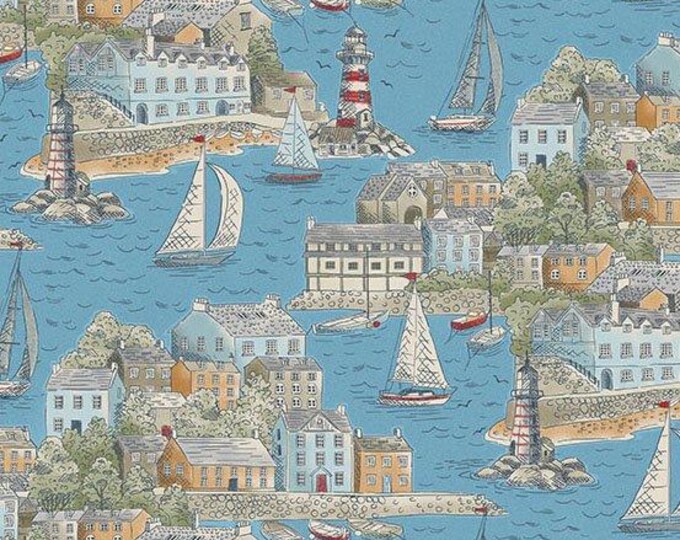 Maritime Motifs With Sailboats and Lighthouses on Blue Fabric / High ...