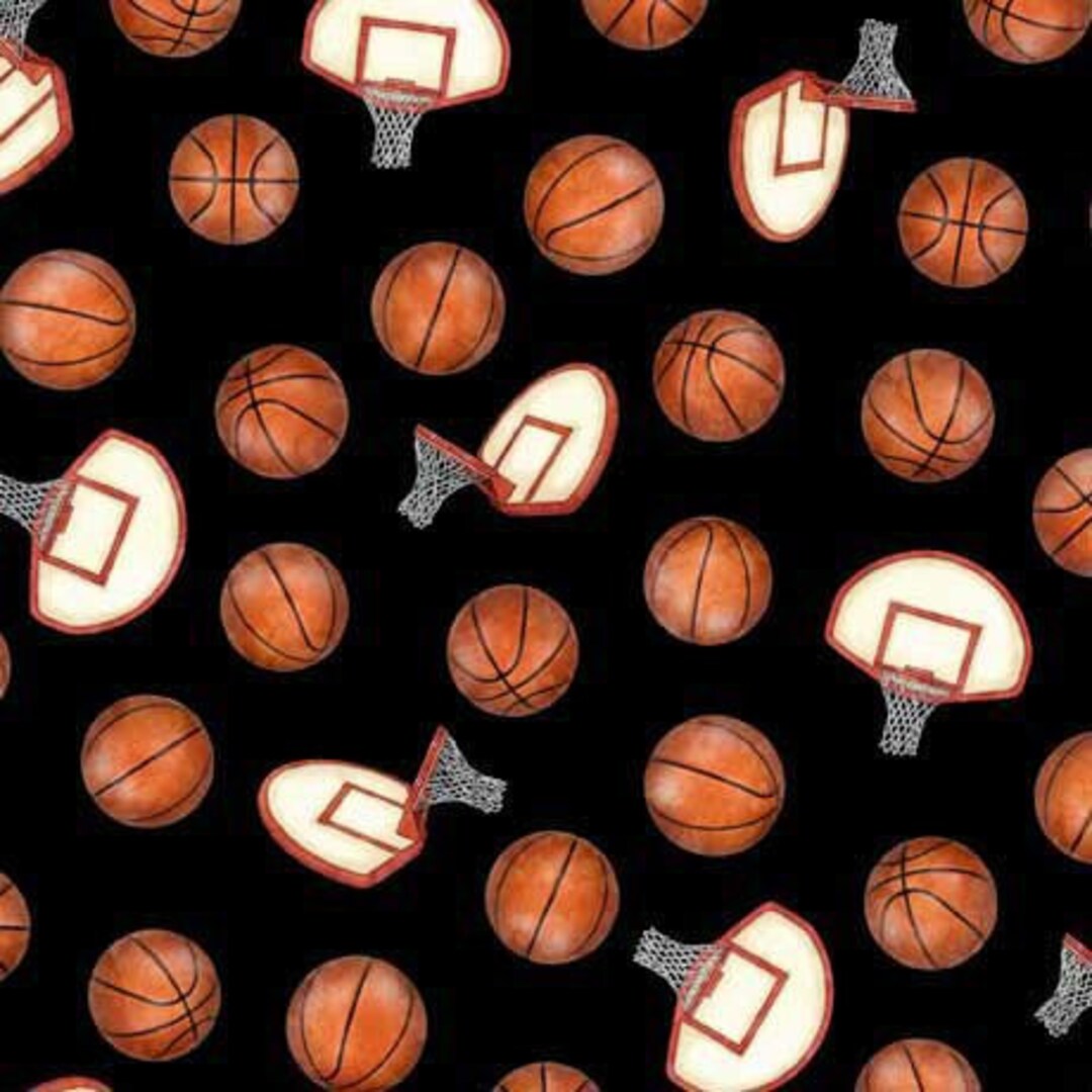 Basketball Fabric / Slam Dunk Basketballs and Hoops on Black Fabric by ...