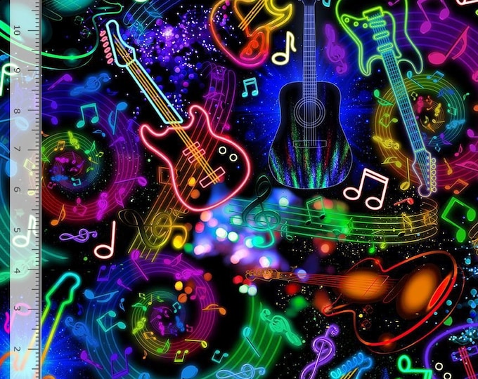 Music Fabric by the Yard / Neon Music Notes and Guitars Instruments ...