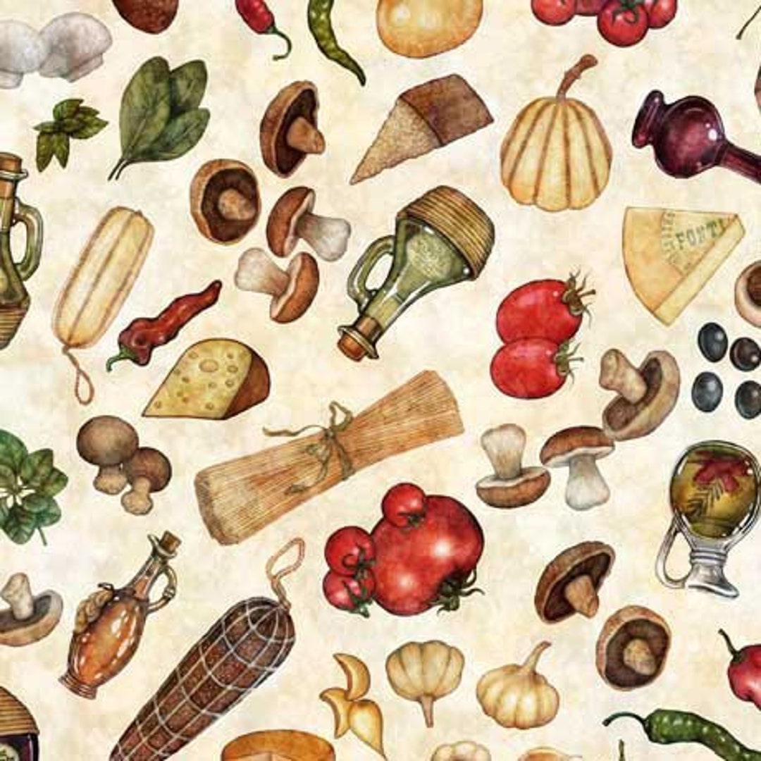 Sizzle and Spice, Food on Ecru Fabric, Cooking Mushrooms Fabric by the ...