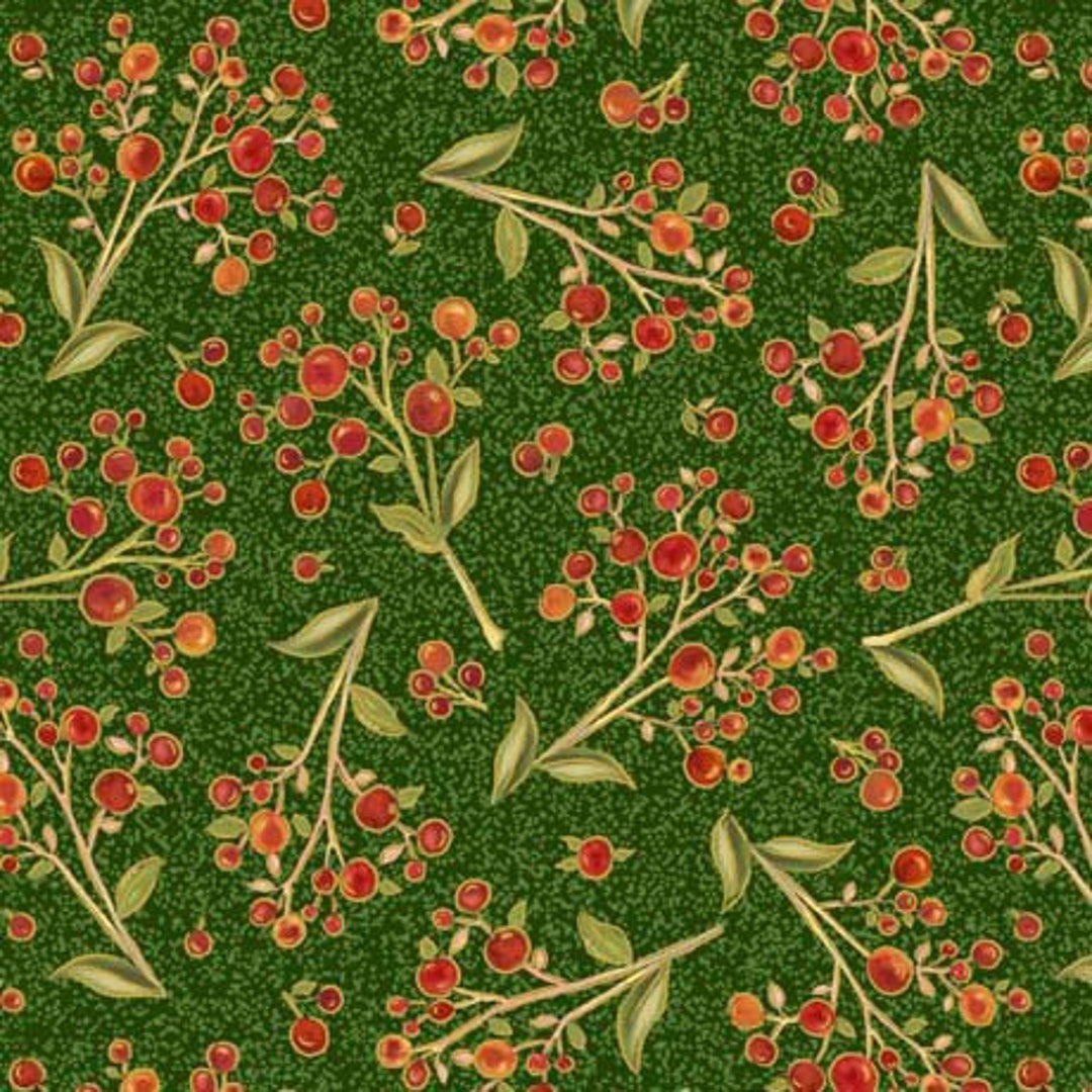 Fall Fabric, Berry Sprig on Green Fabric / Autumn Forest Collection by ...