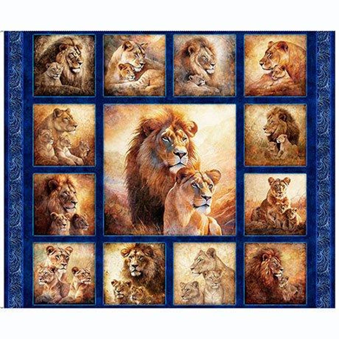 Lion Picture Patches on Navy Fabric 36" Panel by Quilting Treasures in ...