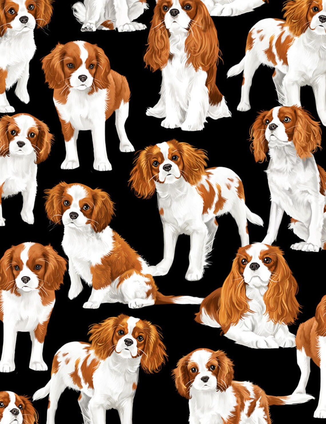 Cavalier King Charles Spaniels on Black Fabric / Spaniel Fabric / Dog ...