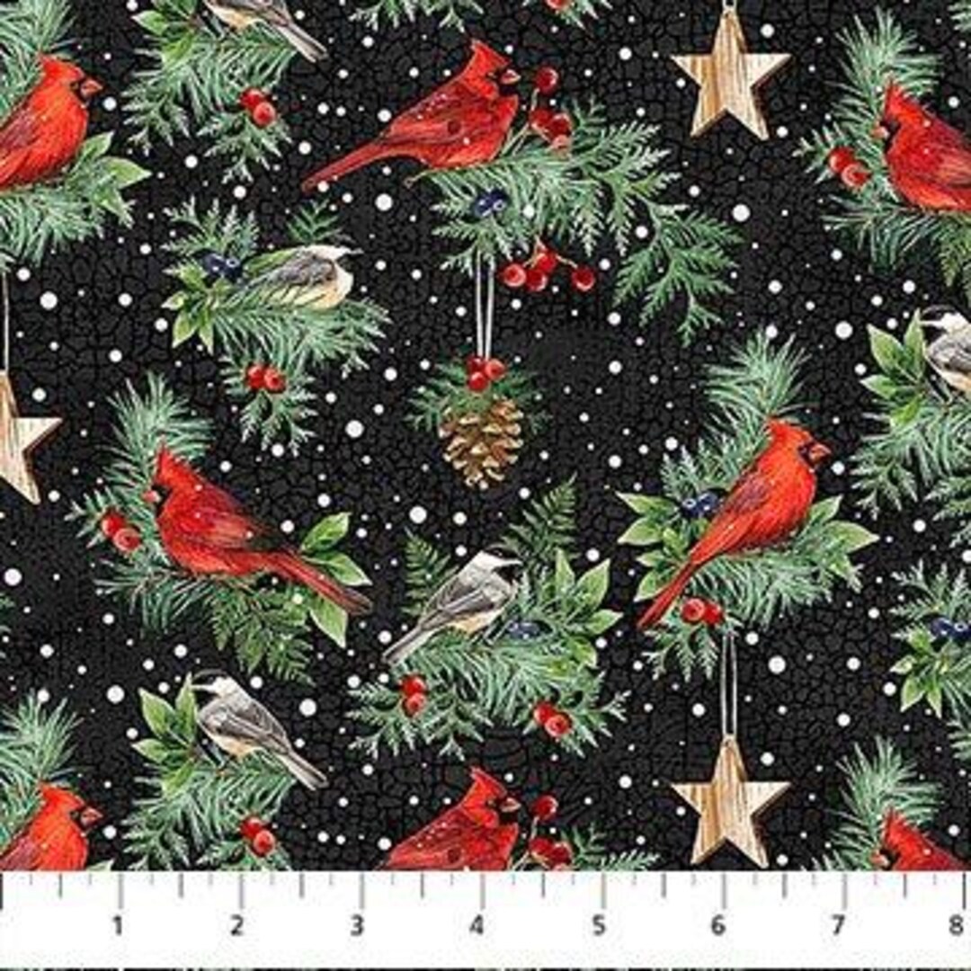 Christmas Fabric, Cardinals and Pine Boughs Allover Birds Winter Song ...