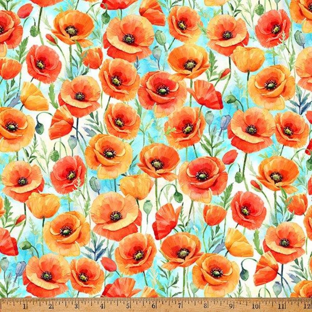 Poppy on Aqua Floral Fabric by the Yard, Spring Flowers / Flower Shoppe ...