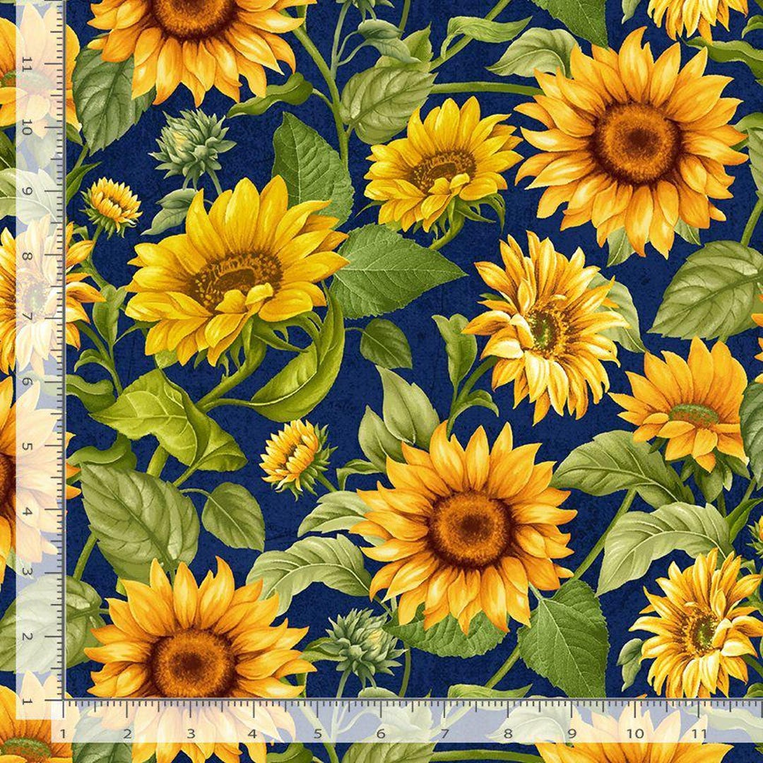 Sunflowers on Blue Fabric / Large Leafy Sunflowers Fabric Yardage ...