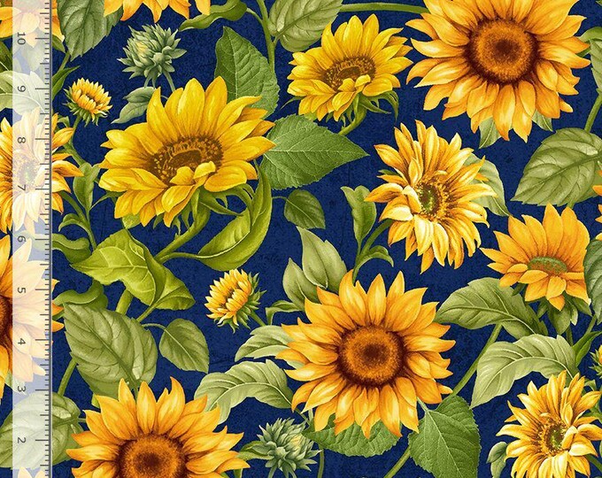 Sunflowers on Blue Fabric / Large Leafy Sunflowers Fabric Yardage / Sunflower Garden Timeless ...
