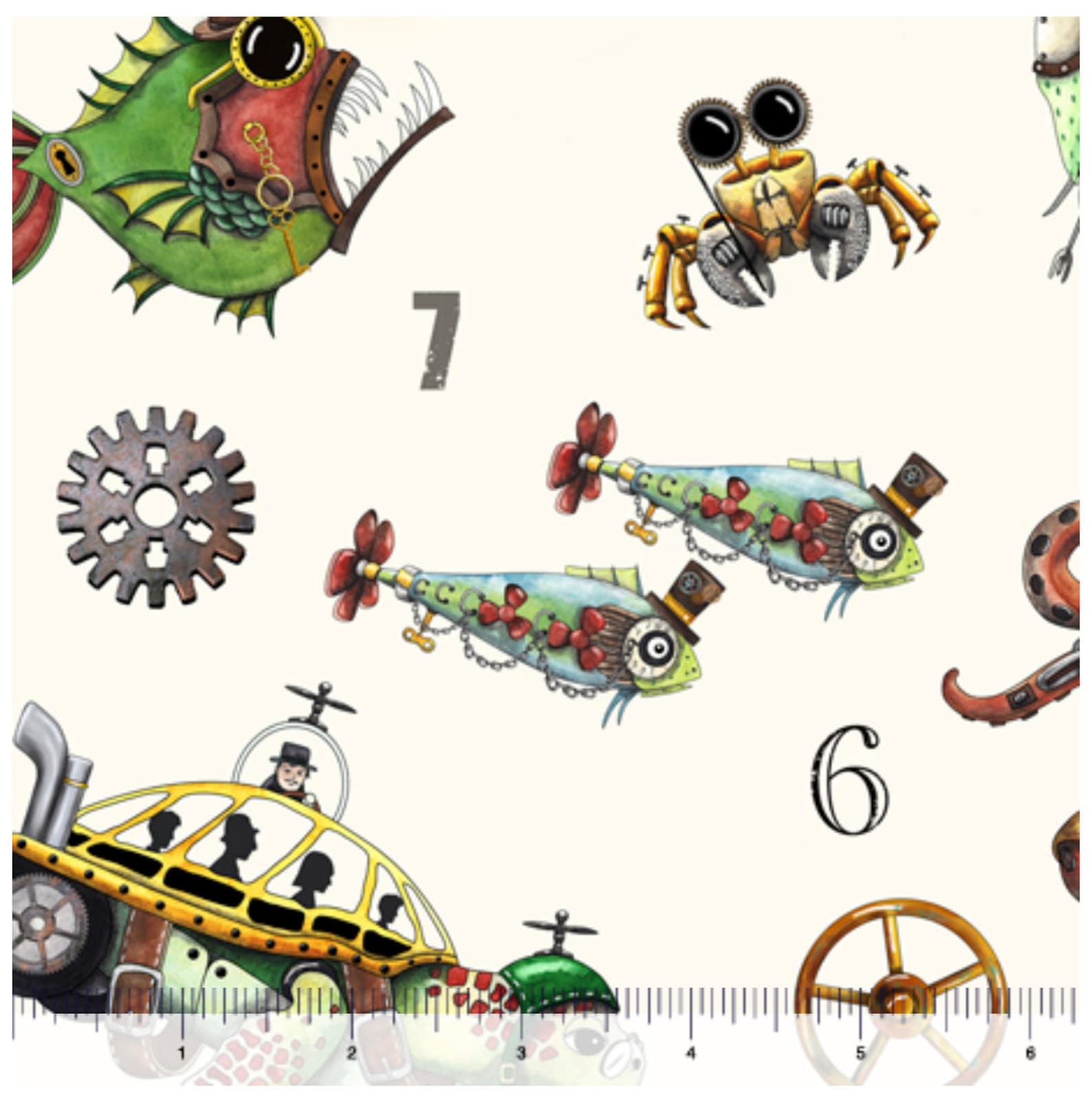 Aquatic Steampunkery, Steampunk Aquatic Steampunk Toss on Cream Fabric ...
