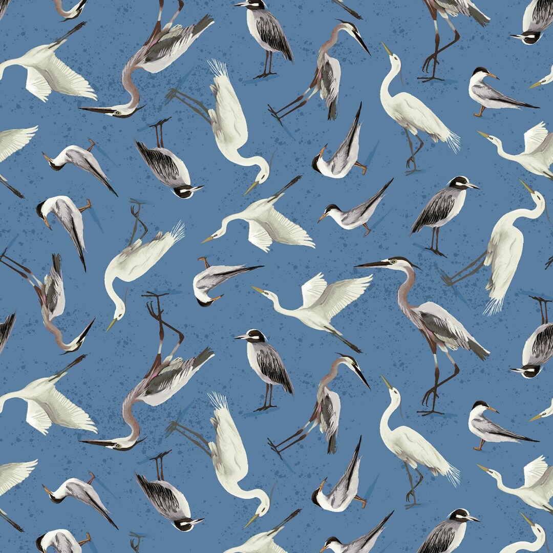 Seashell Wishes Digital Sea Life Fabric by Clothworks Seabirds on Blue ...