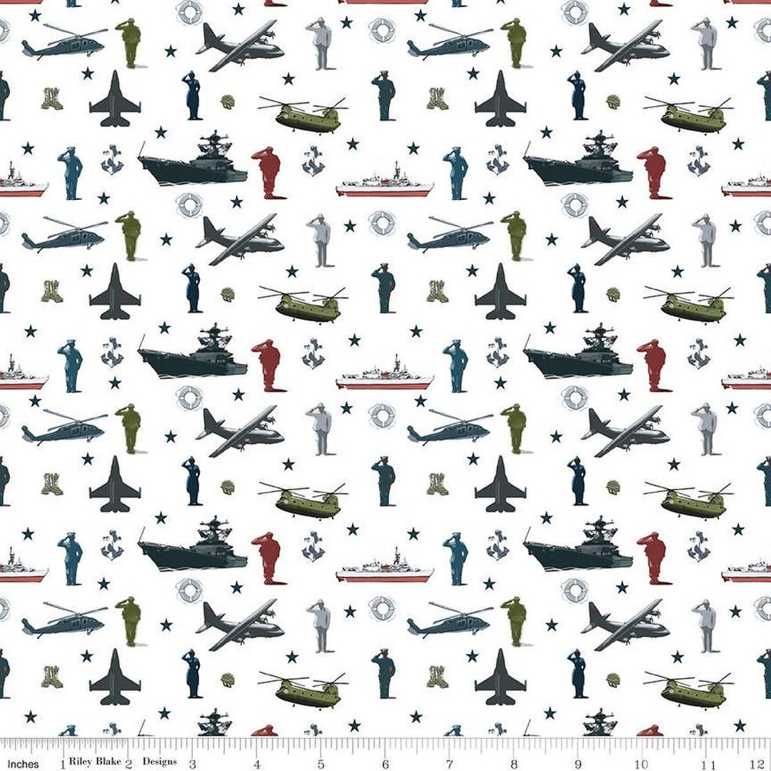 Armed Forces Motifs on White Fabric, Coming Home by Riley Blake ...