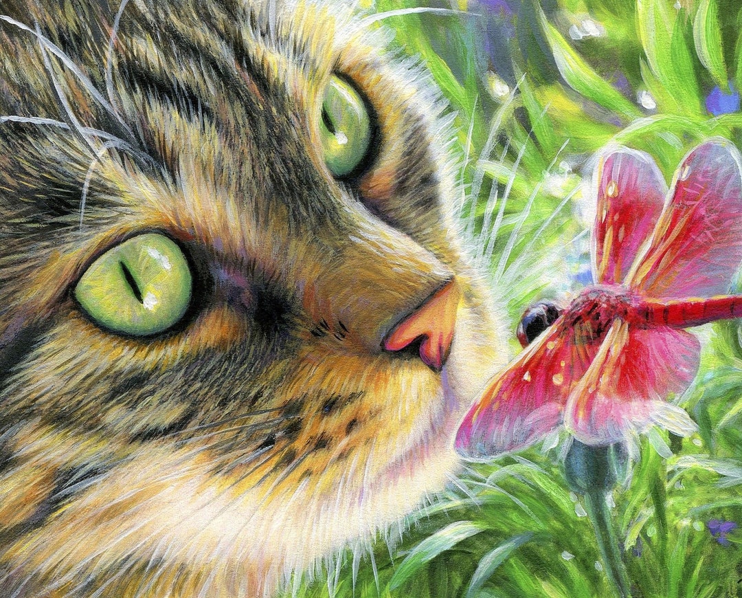 Cat Fabric Panel / 36" Panel by David Textiles / Cat With Red Dragonfly ...