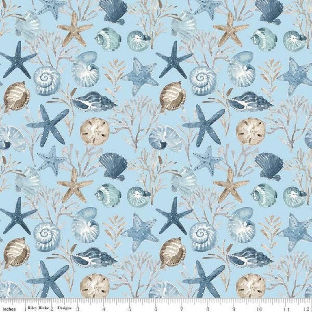 Seashells on Blue Coastal Ocean Fabric / Coral Reef Fabric by the Yard ...