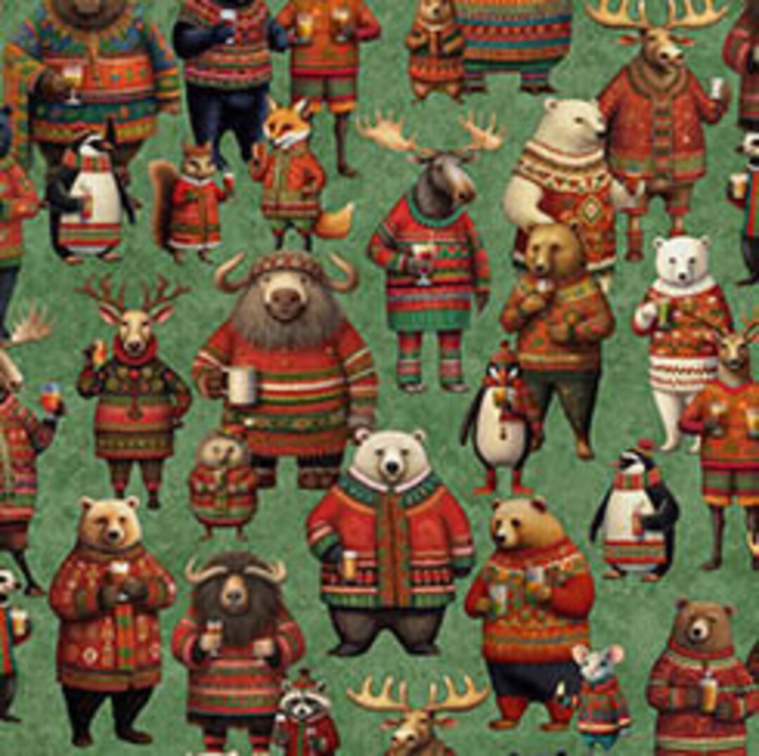 Christmas Fabric, Party Animals Allover on Green Fabric / Party Animals ...