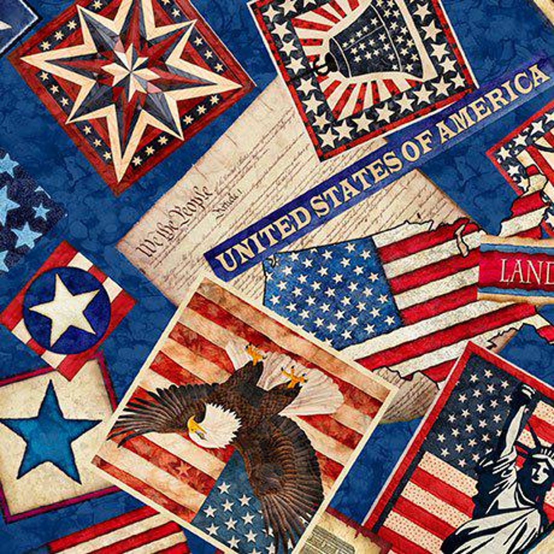 Patriotic Collage on Blue American Eagle Flag Tapestry From QT Fabrics ...