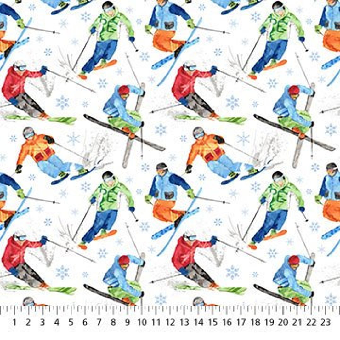 Skiers Fabric / Skiers on White Winter Sports by Northcott / Skiing ...