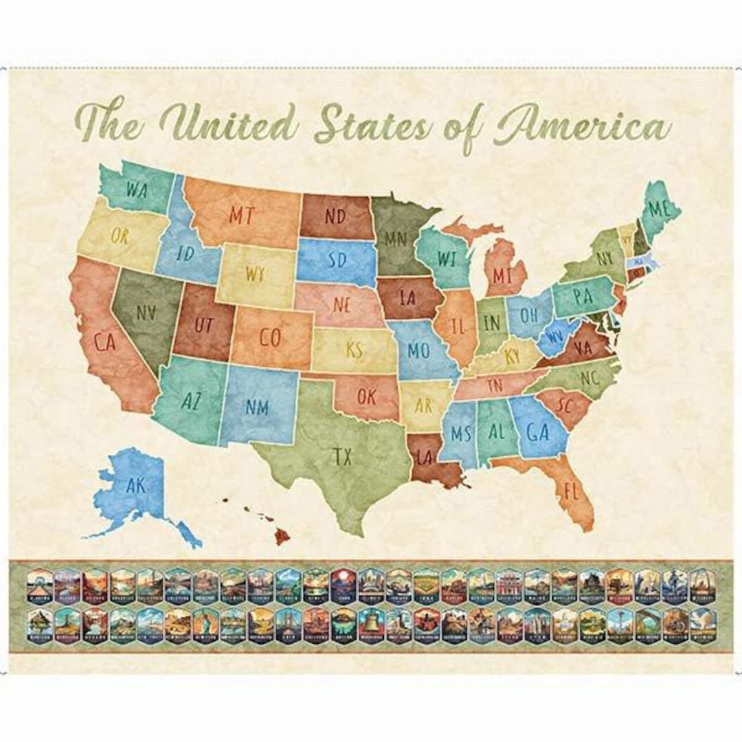 USA Map Panel / US Map Fabric Panel by Quilting Treasures / United ...