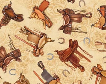 Tossed Cowboy Motifs on Tan Fabric / Cowboy Culture Collection From Blank Quilting Yardage ...