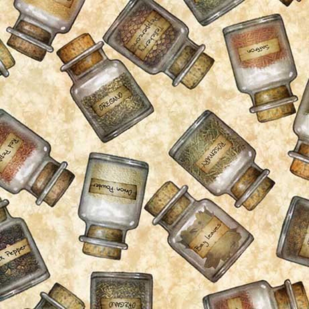 Sizzle and Spice, Spice Jars on Ecru Fabric, Cooking Mushrooms Fabric ...