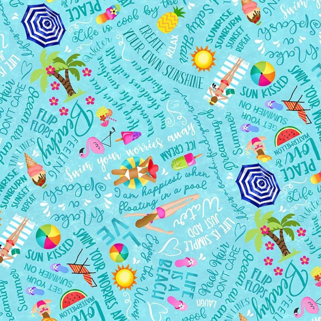 Pool Words and Icons Fabric, Pool Party Collection / Timeless Treasures ...