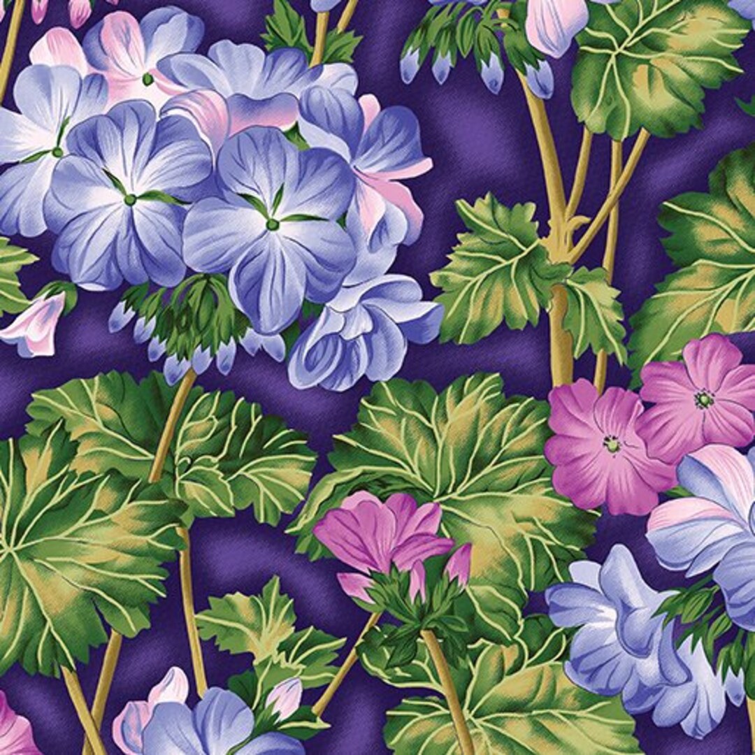 Flower Festival Cobalt and Fuchsia Geraniums on Purple Fabric by ...
