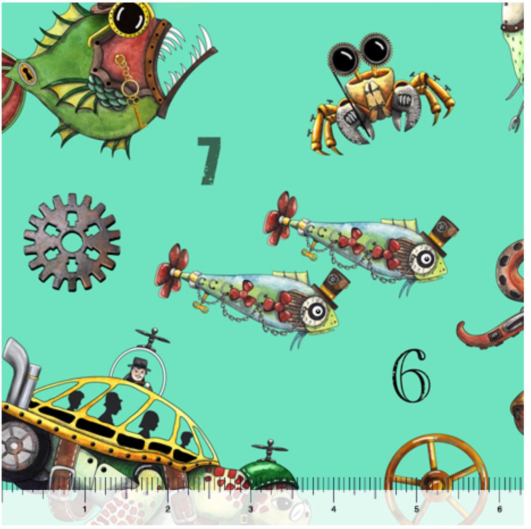 Aquatic Steampunkery, Steampunk Aquatic Steampunk Toss on Aqua Fabric ...