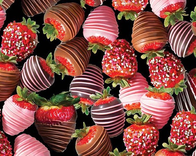 Chocolate Fabric / Chocolate Dipped Strawberries on Black by Benartex ...