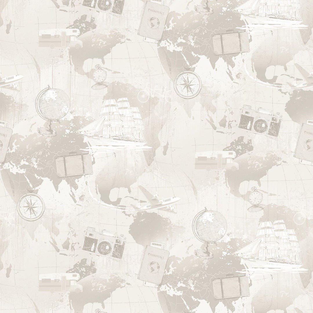 World Map on Light Taupe Fabric / Map Fabric / Explore Collection by ...