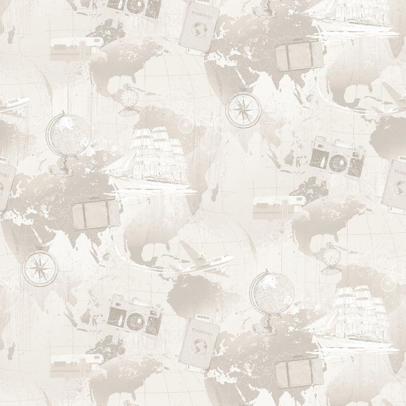 World Map on Light Taupe Fabric / Map Fabric / Explore Collection by ...